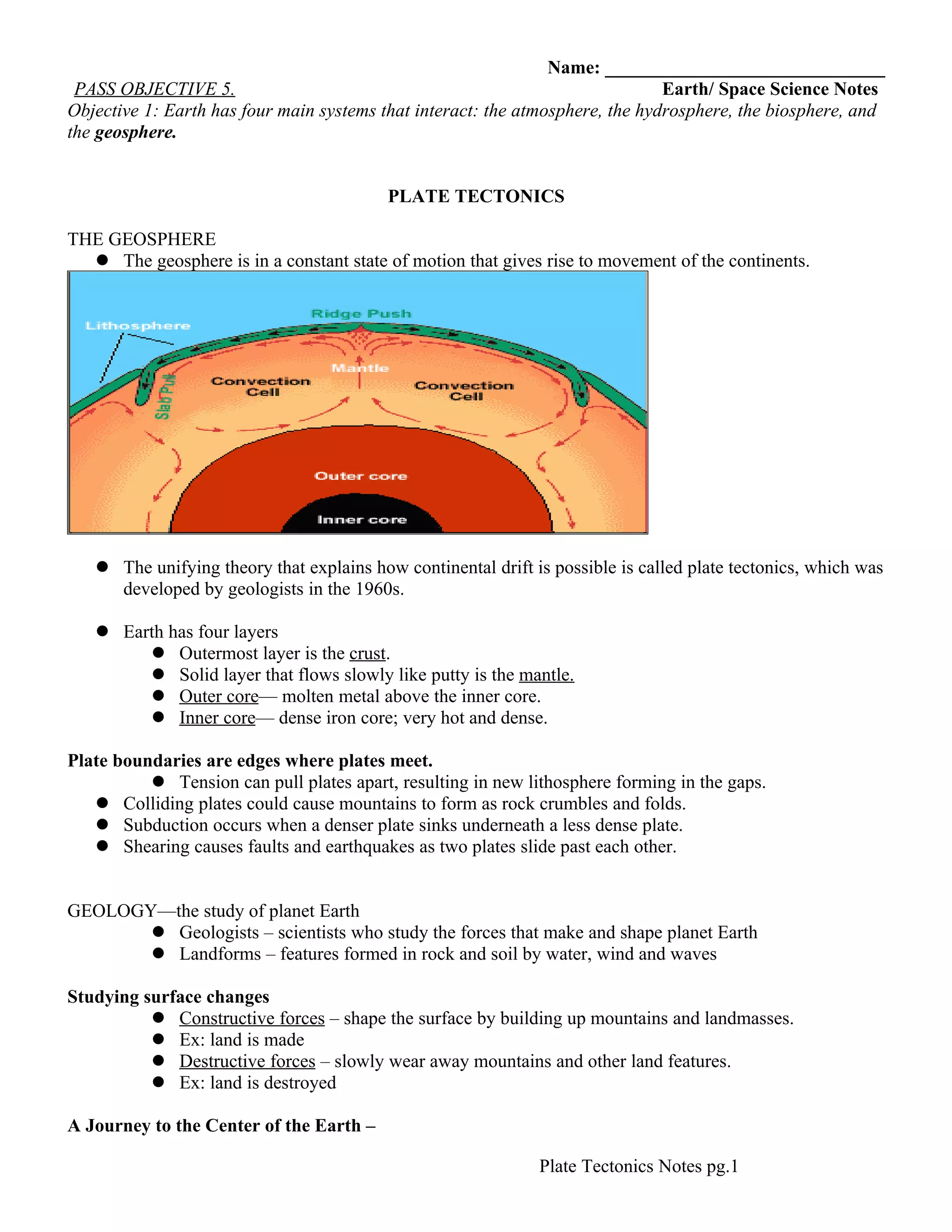 Earth Science. Geosphere, Plate Tectonic Notes | DOC