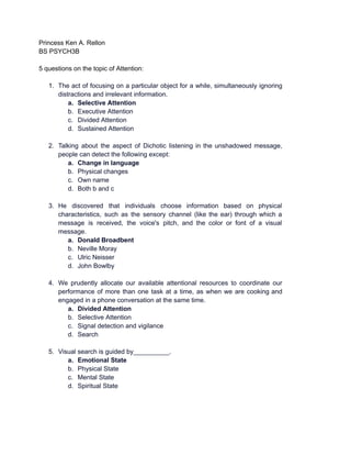 5 Questions Sample in Cognitive Psychology | PDF