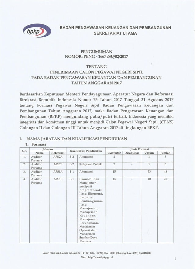 Pengumuman Seleksi CPNS (Badan Pengawasan Keuangan dan Pembangunan ...