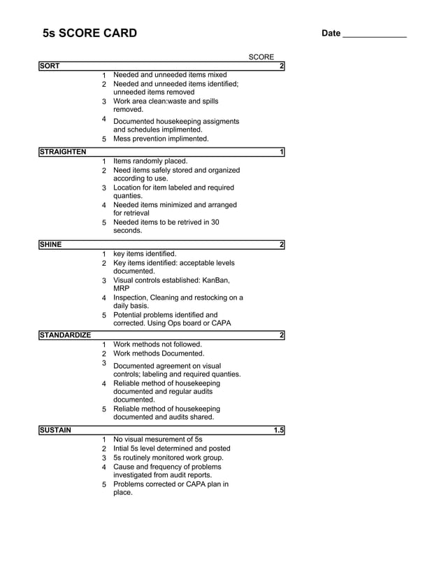 5s Score Card | XLS