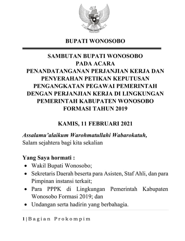 5) sambutan bupati wonosobo acara penyerahan sk pppk | PDF