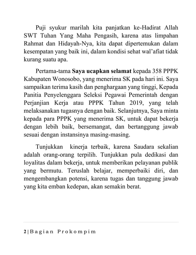 5) sambutan bupati wonosobo acara penyerahan sk pppk | PDF