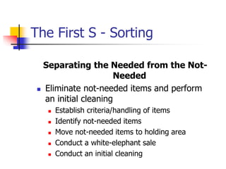 5S It applies the five principles: Sort , Set in order, Shine ...