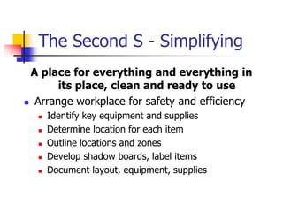 5S It applies the five principles: Sort , Set in order, Shine ...