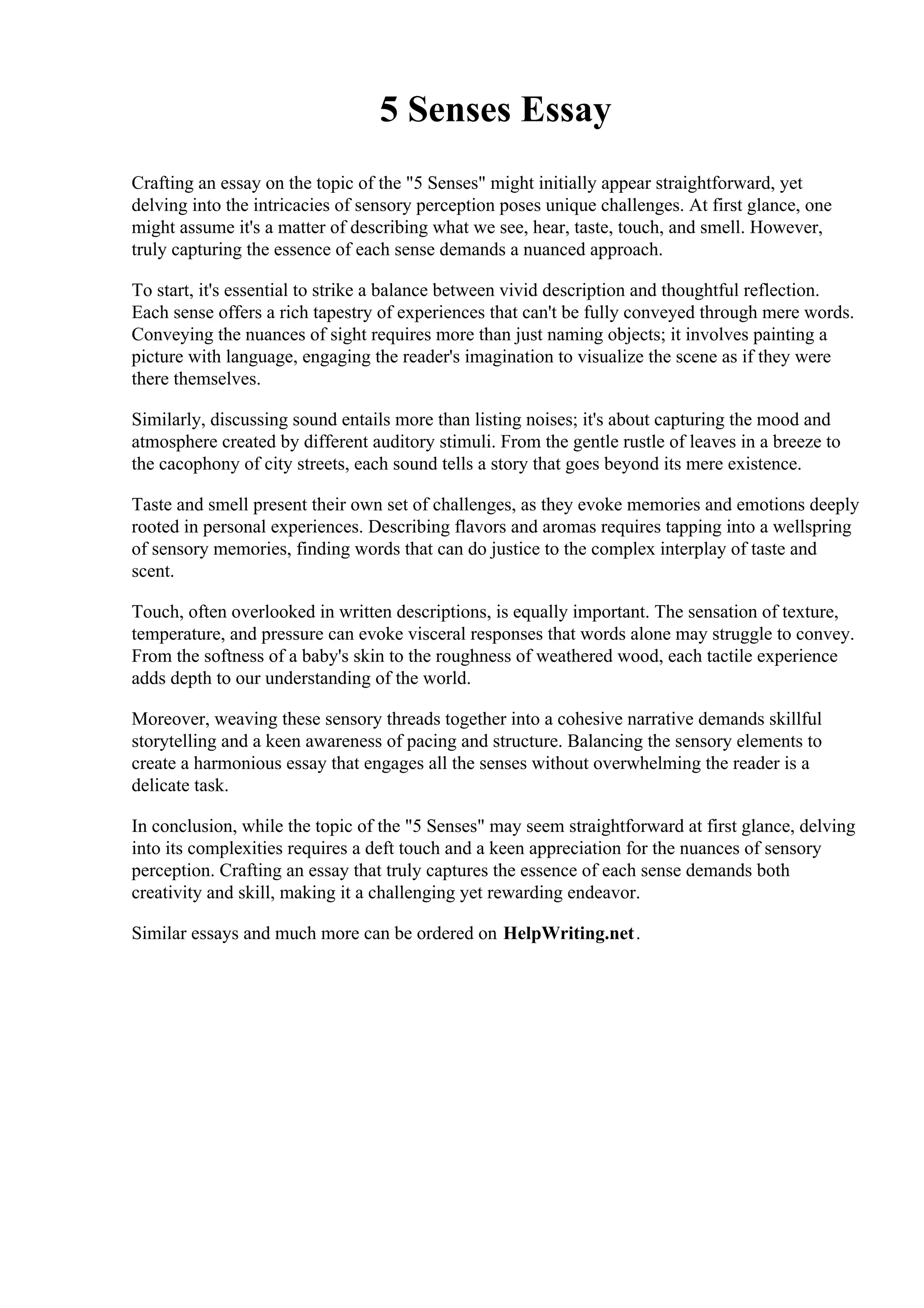 5 Senses Essay. Highland Community College (Illinois) | PDF