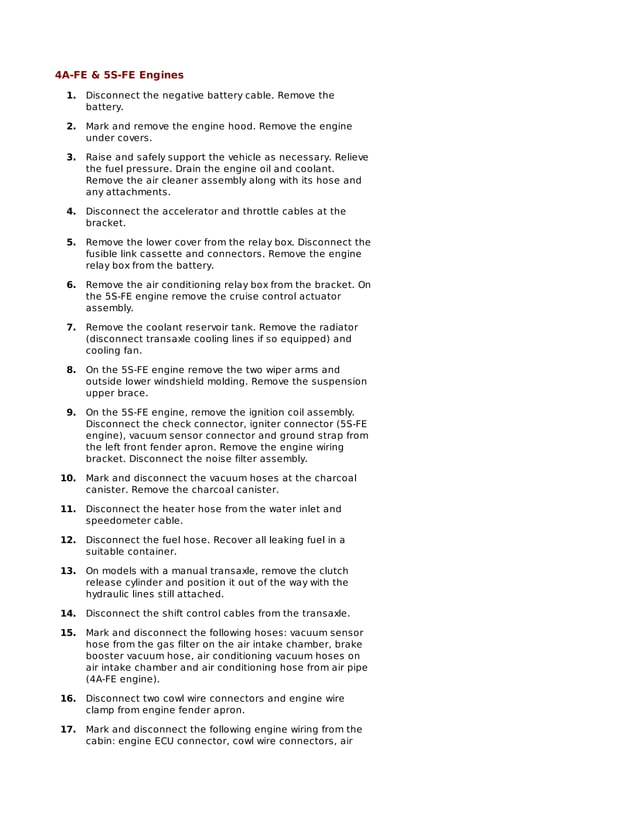 5sfe engine removal | PDF | Auto Parts | Automotive