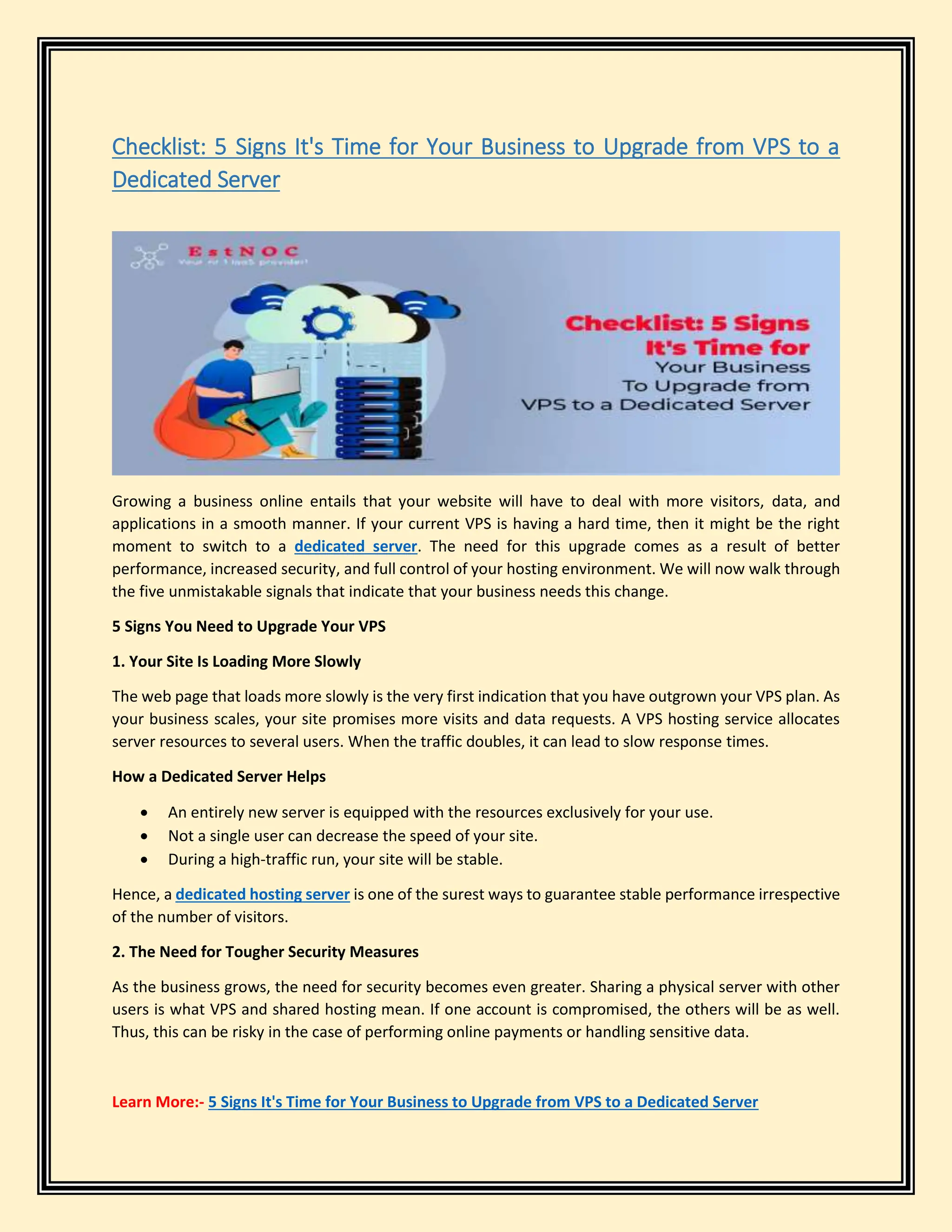 Checklist: 5 Signs It's Time for Your Business to Upgrade from VPS to a Dedicated Server | PDF