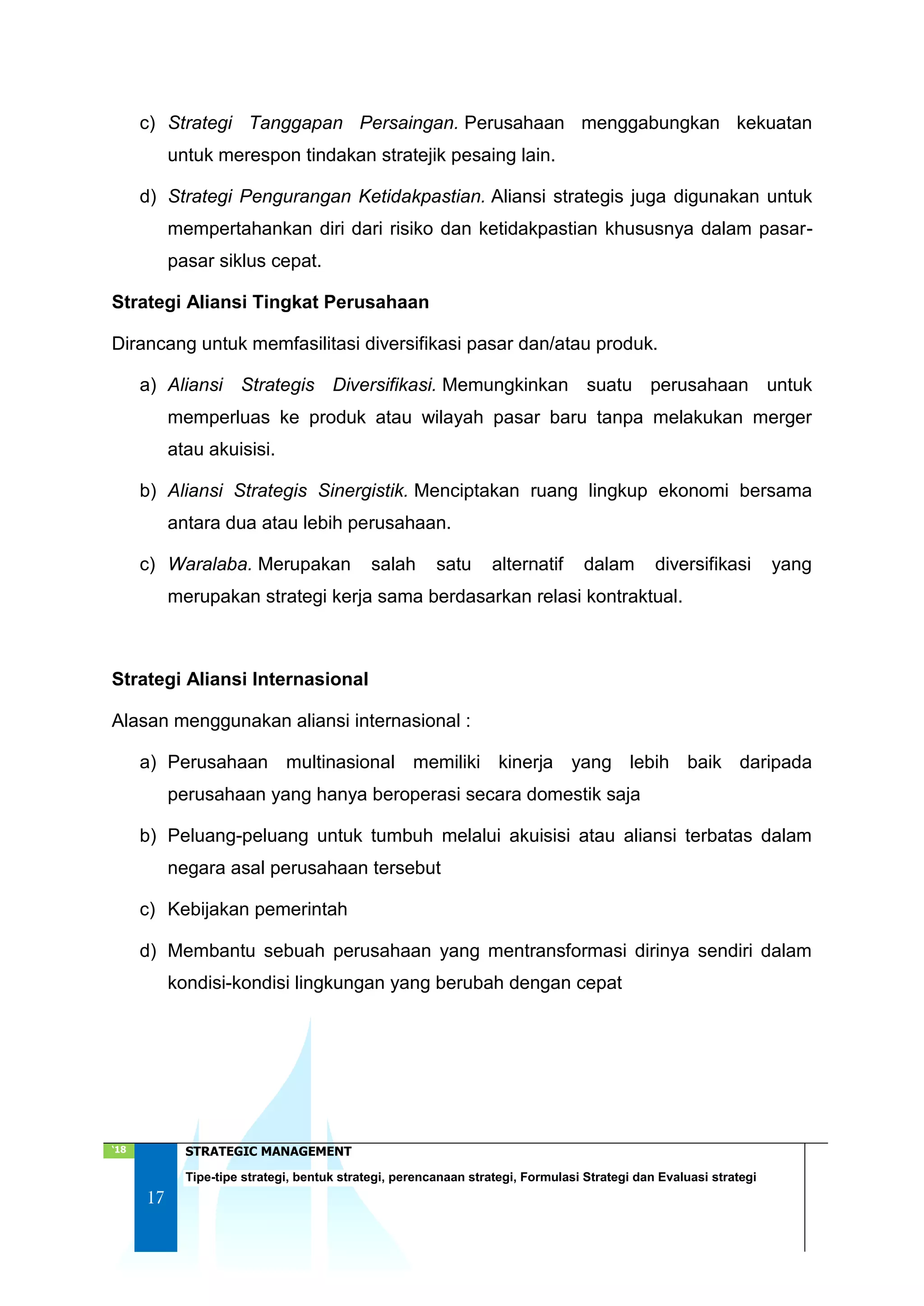Tipe-tipe strategi, bentuk strategi, perencanaan strategi, Formulasi ...