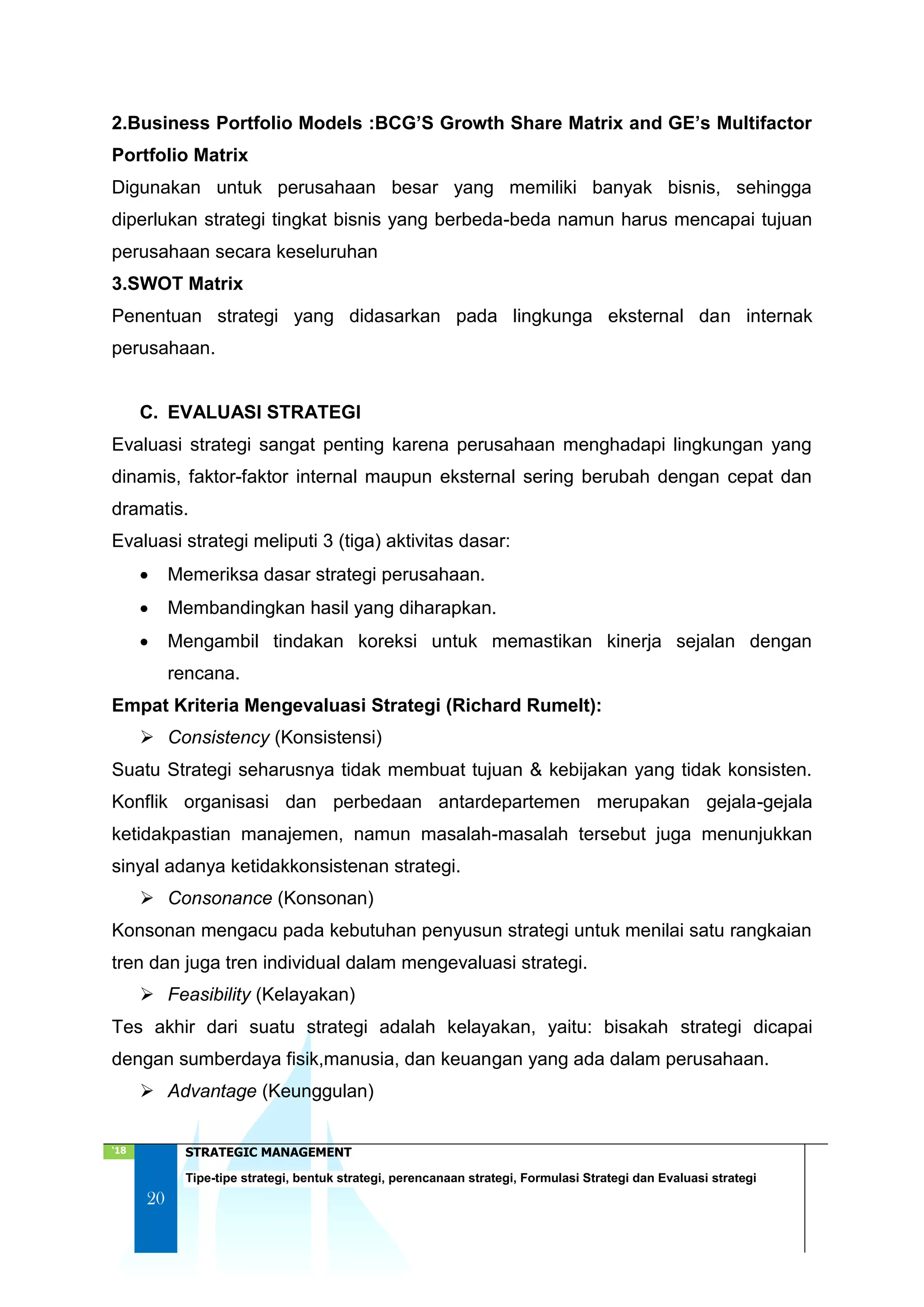 Tipe-tipe strategi, bentuk strategi, perencanaan strategi, Formulasi ...
