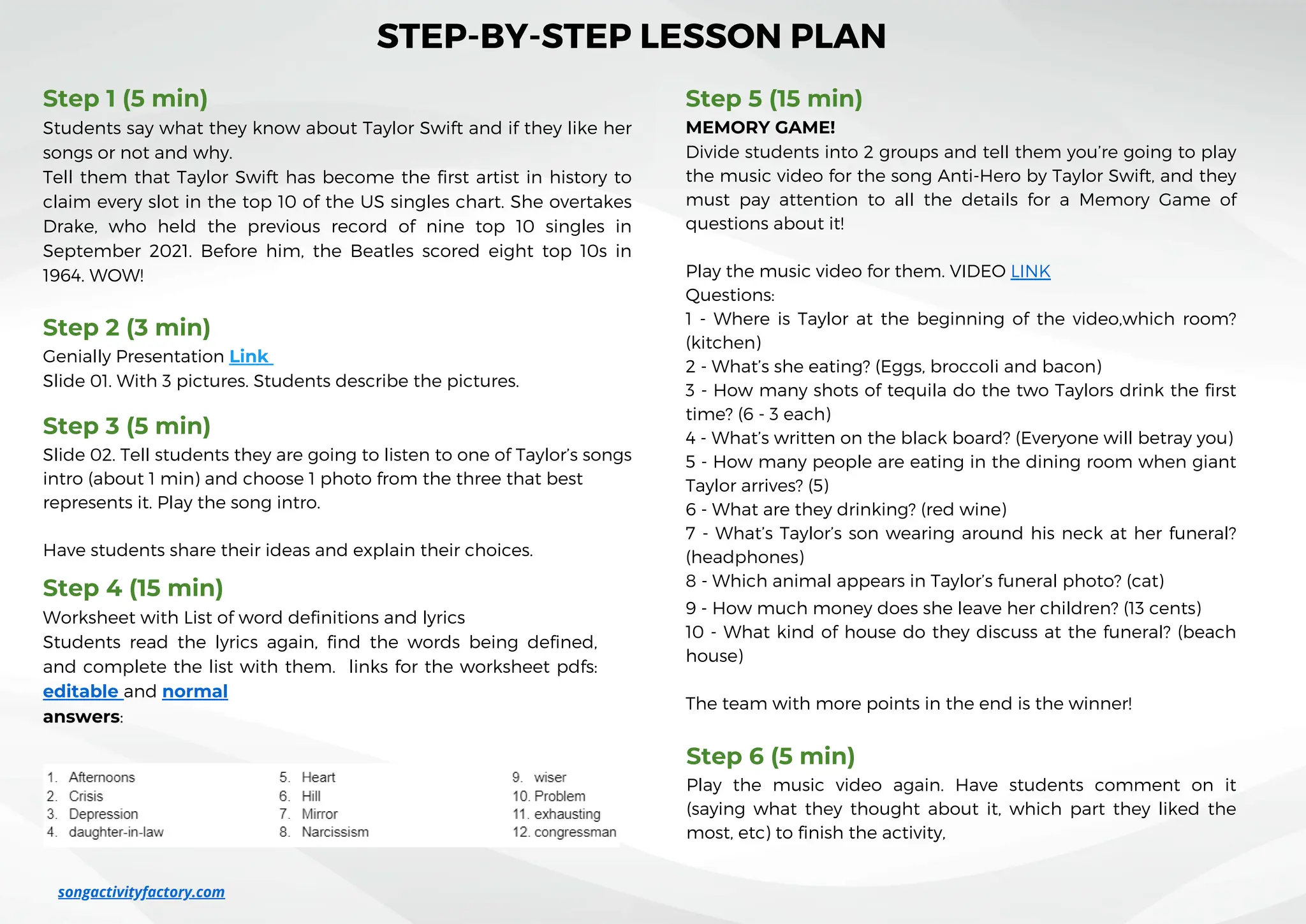 Teach English Creatively: Word Definitions & Memory Game With Taylor Swift - Anti-Hero! | PDF