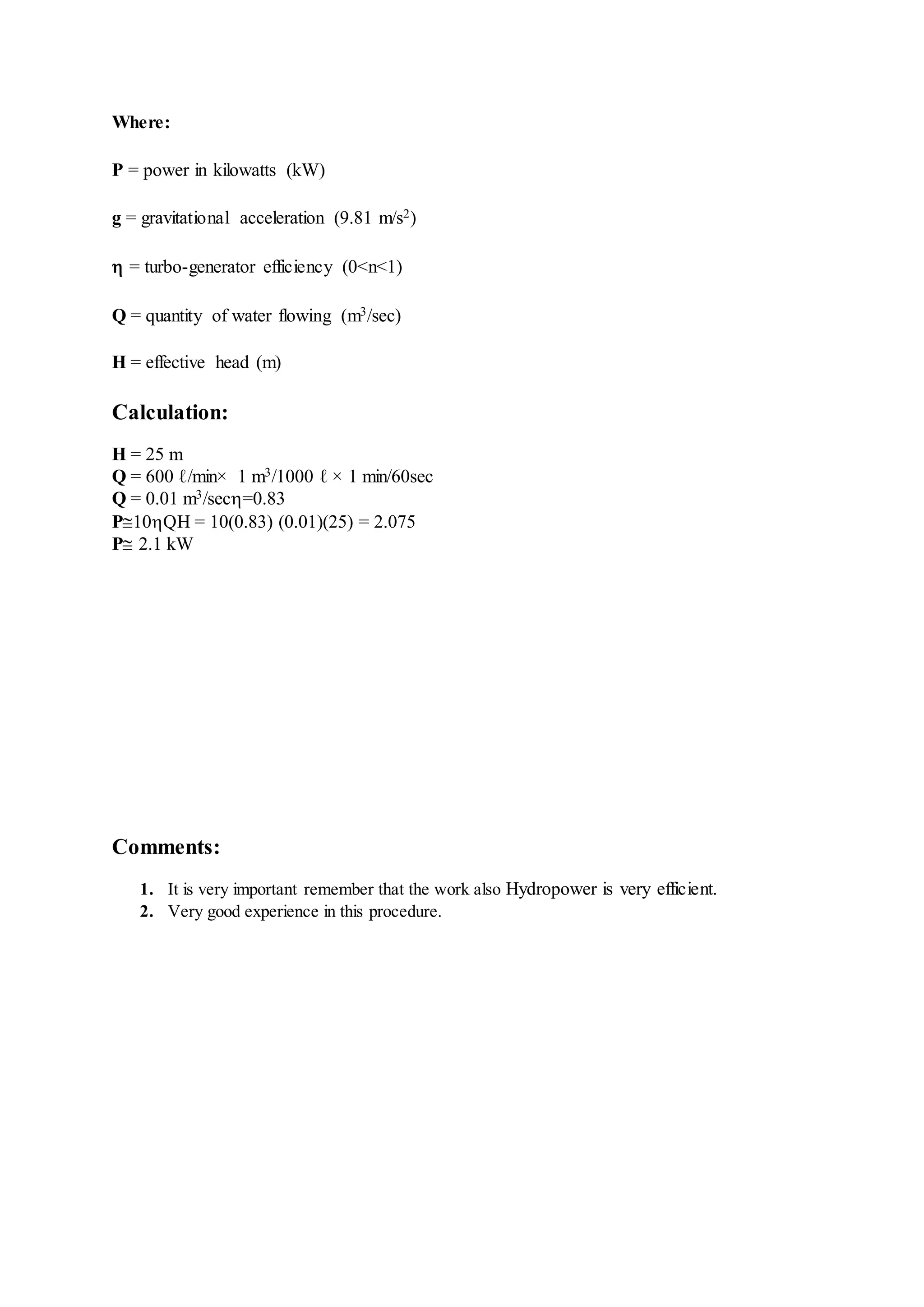 Calculation Efficiency of 2GW Hydropower Plant. | DOCX