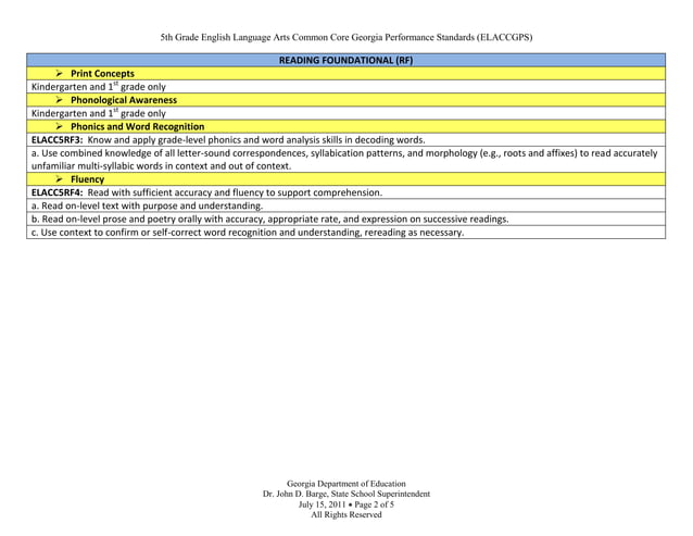 5th grade CCGPS: ELA | PDF | Education