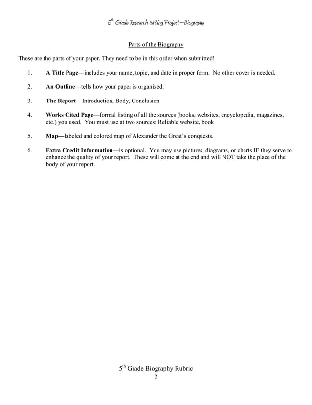 5th Grade -- Biography Handout | DOCX | Homework and Study | Education