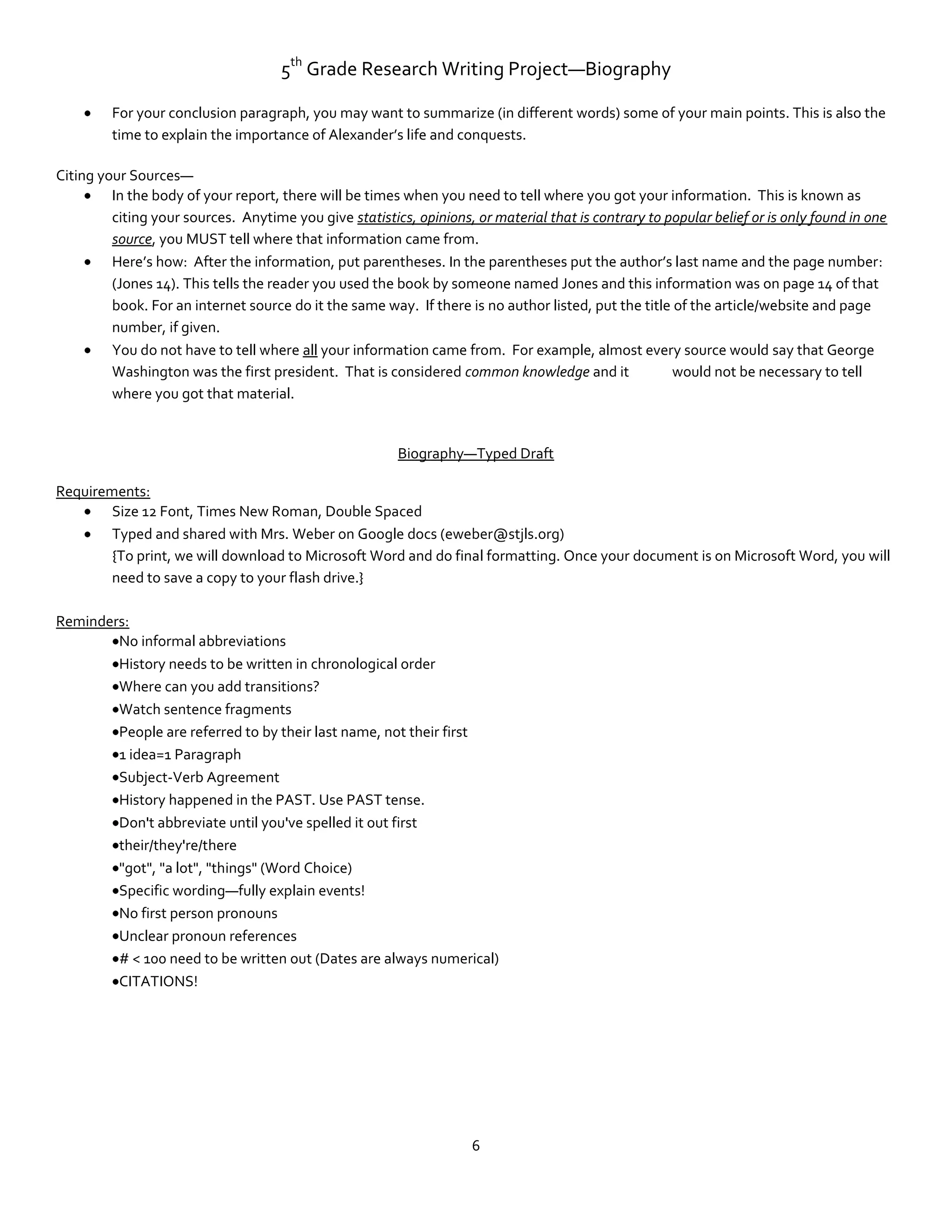 5th Grade - Biography Handout | DOCX