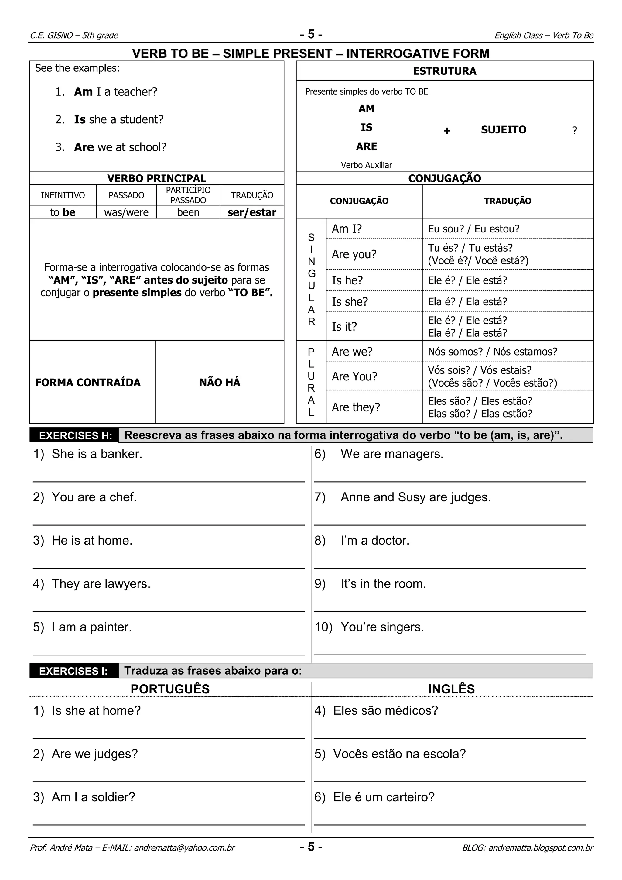 5th grade verb to be | PDF