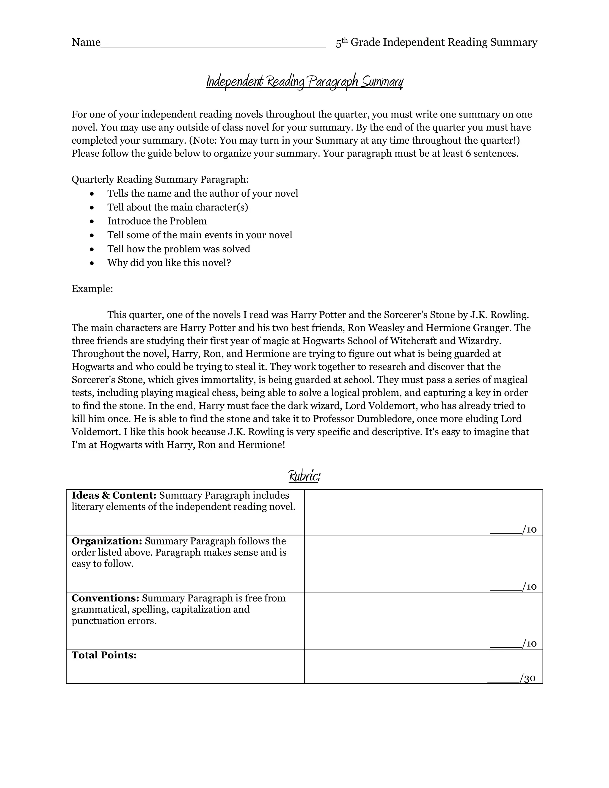5th grade independent reading paragraph summary | DOCX