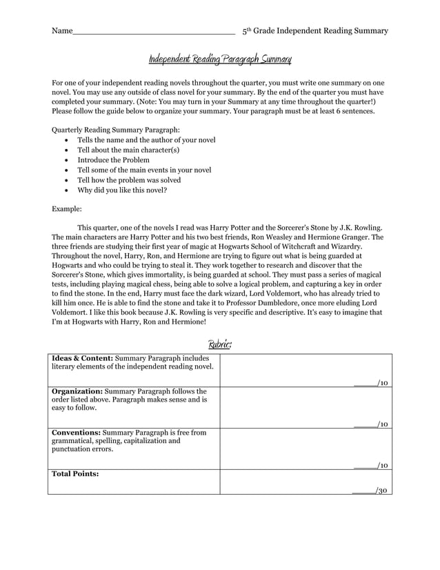 5th grade independent reading paragraph summary | PDF