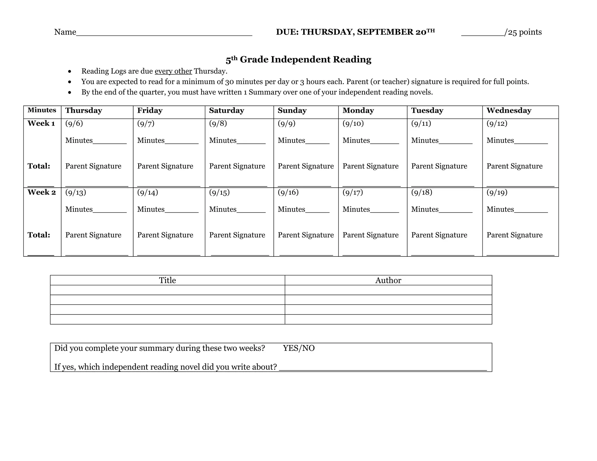 5th Grade Independent Reading Sheet | PPT