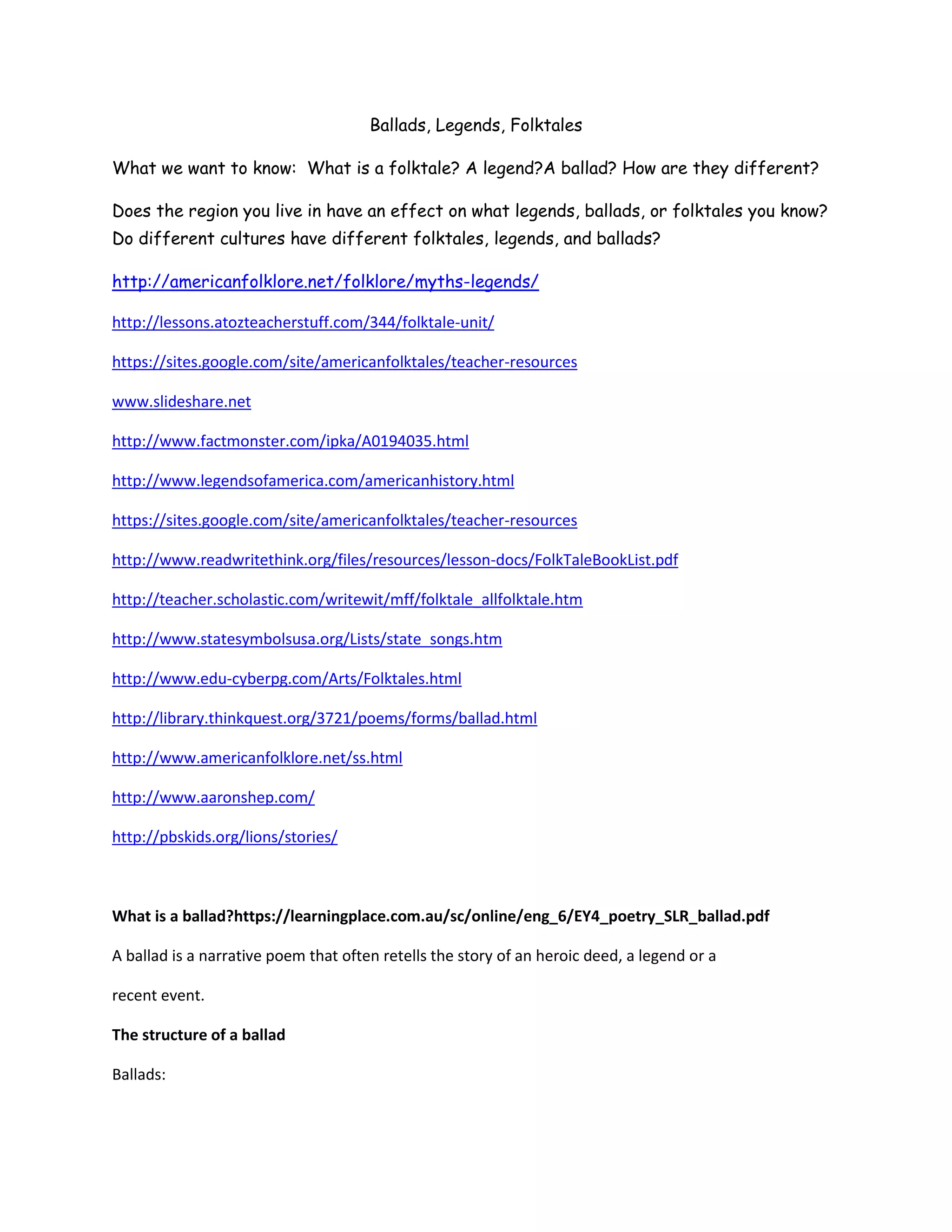 5th grade legends | DOCX