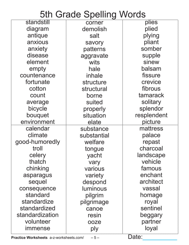 5th Grade Spelling words list 5th Grade Spelling words list