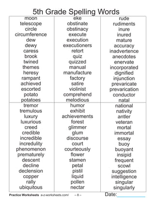 5th Grade Spelling Worksheets