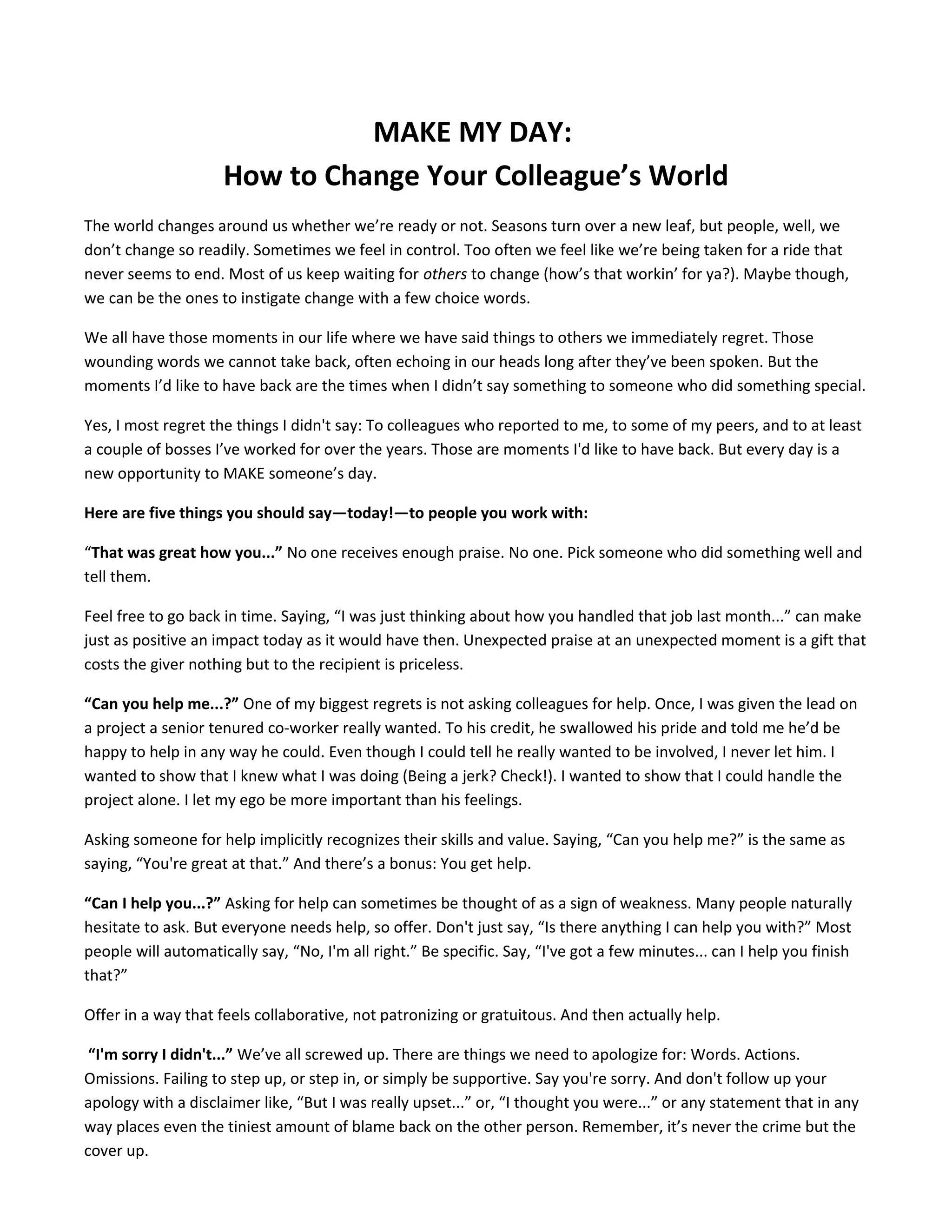 MAKE MY DAY - How to Change Your Colleague’s World | PDF | Resume ...