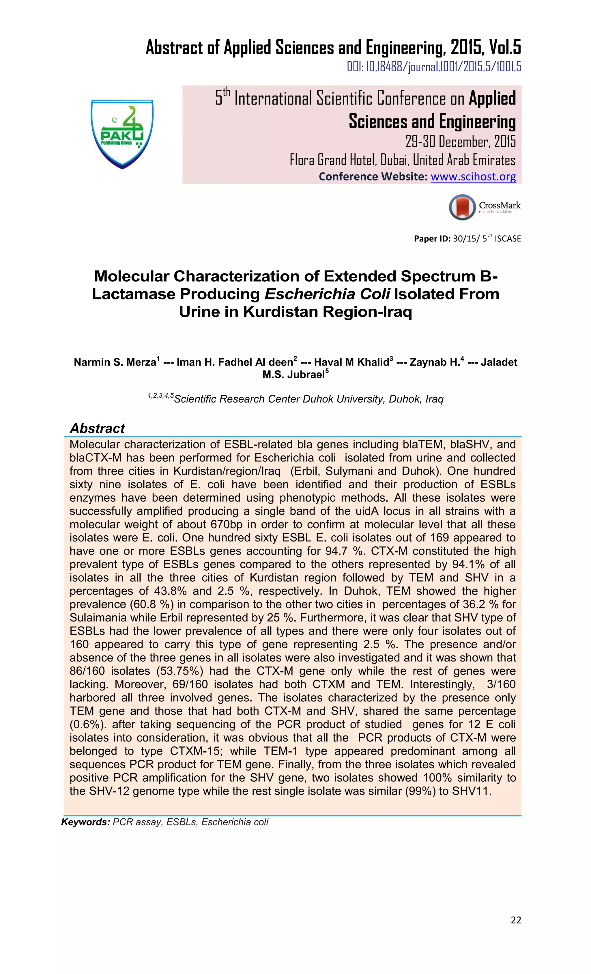 Molecular Characterization of Extended Spectrum B-Lactamase Producing Escherichia Coli Isolated ...