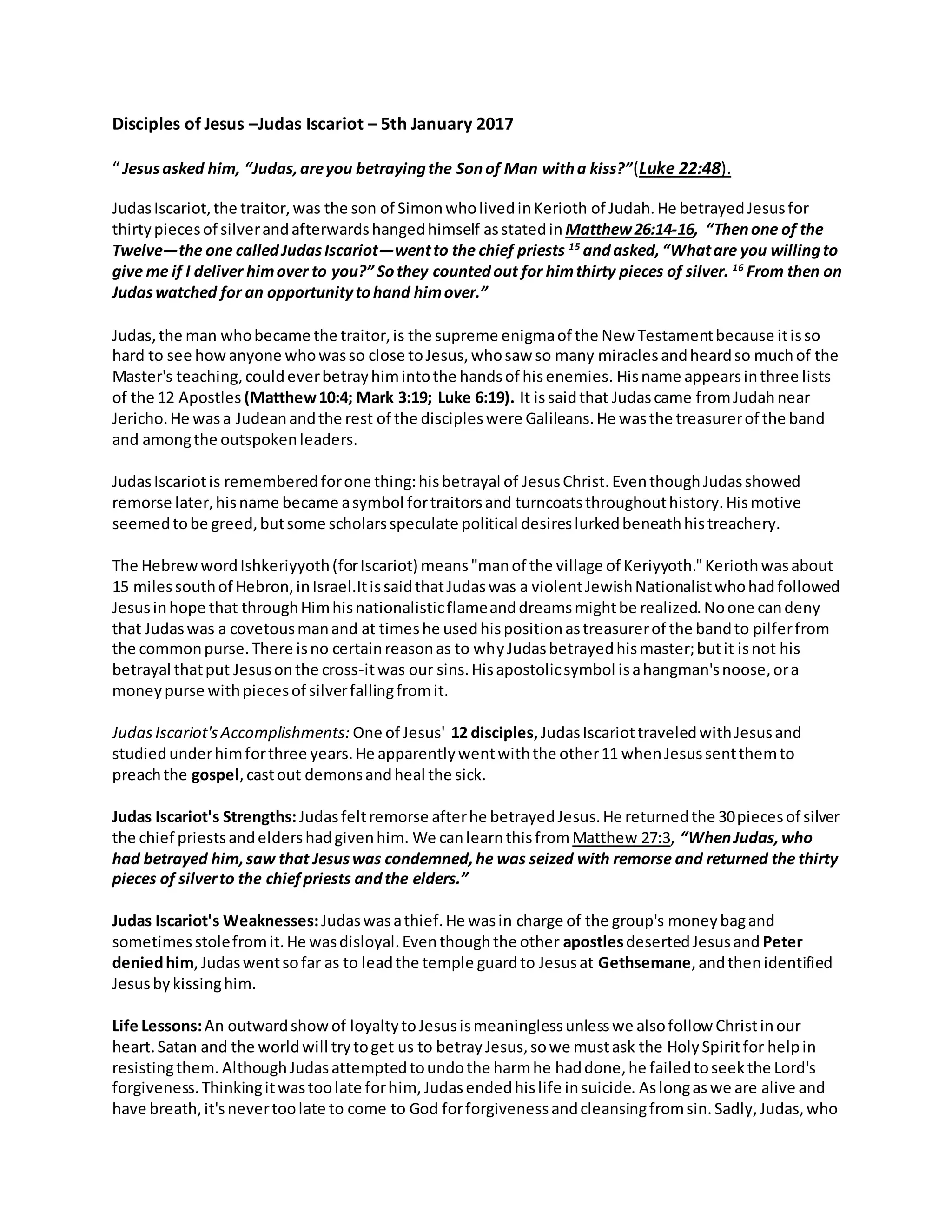 5th January 2017 - Disciples of Jesus – Judas Iscariot | DOCX ...