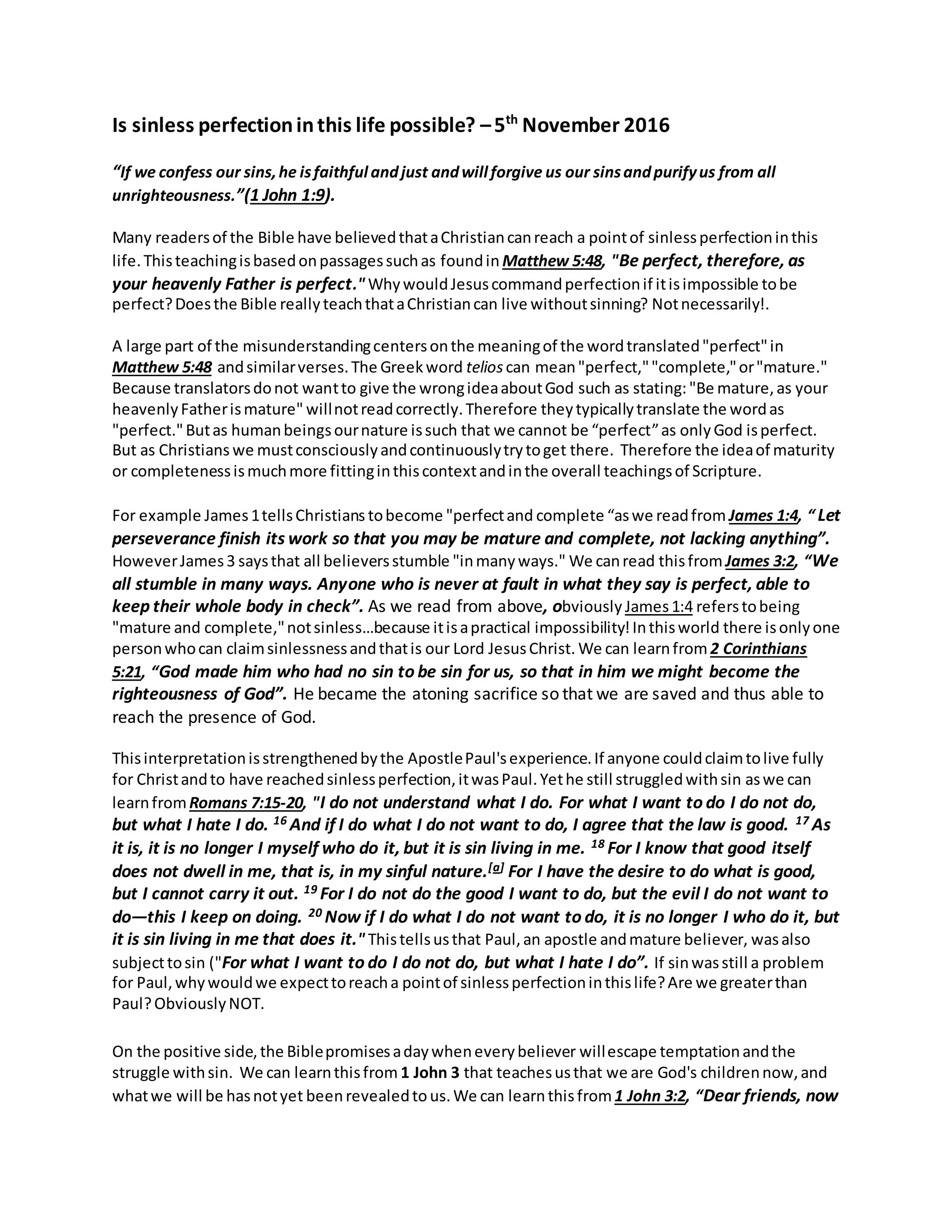5th November 2016 - Is sinless perfection in this life possible? | DOCX