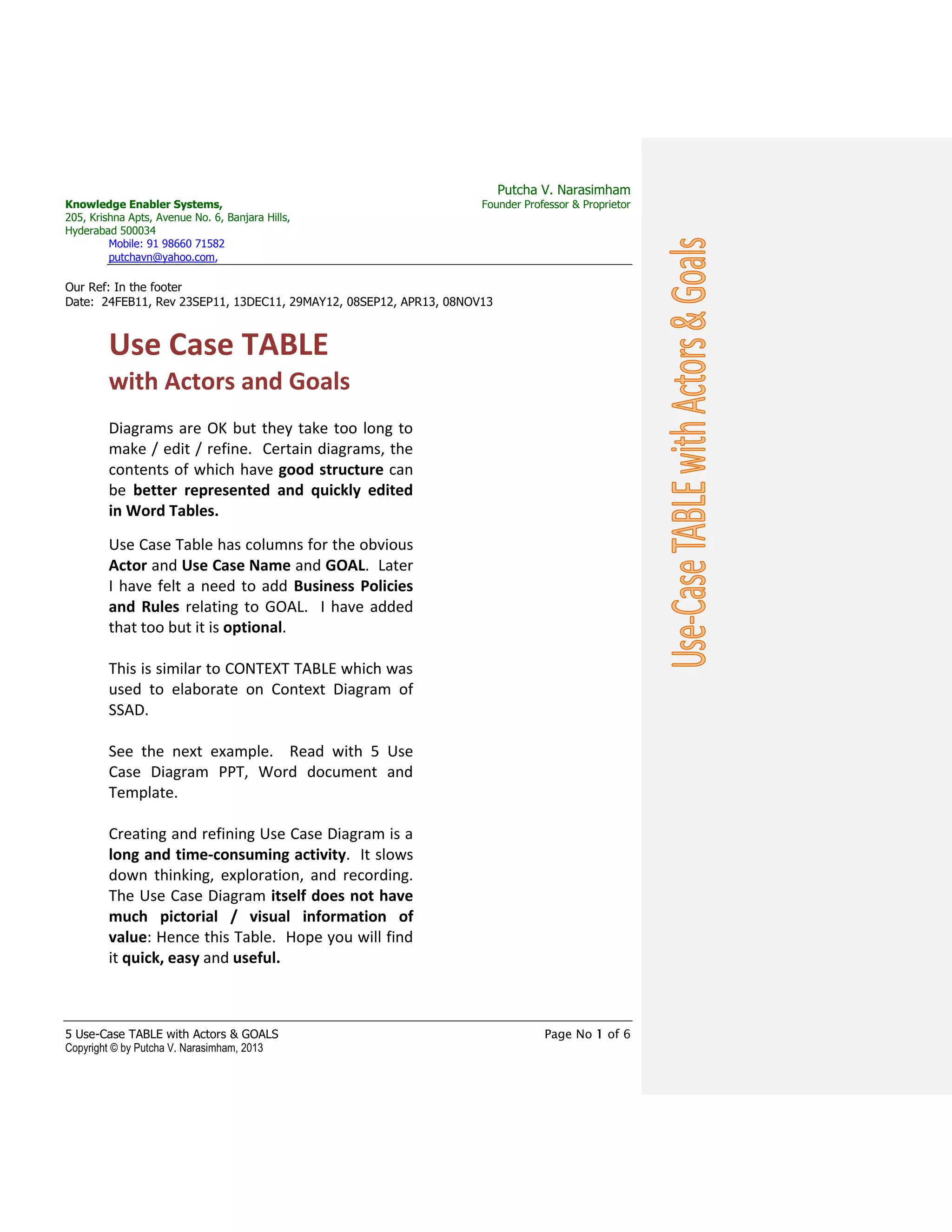 Use Case TABLE with Actors & Goals | PDF