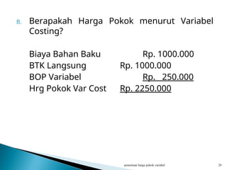 PENENTUAN HARGA POKOK VARIABEL dengan menggunakn metode variable Costing | PPT