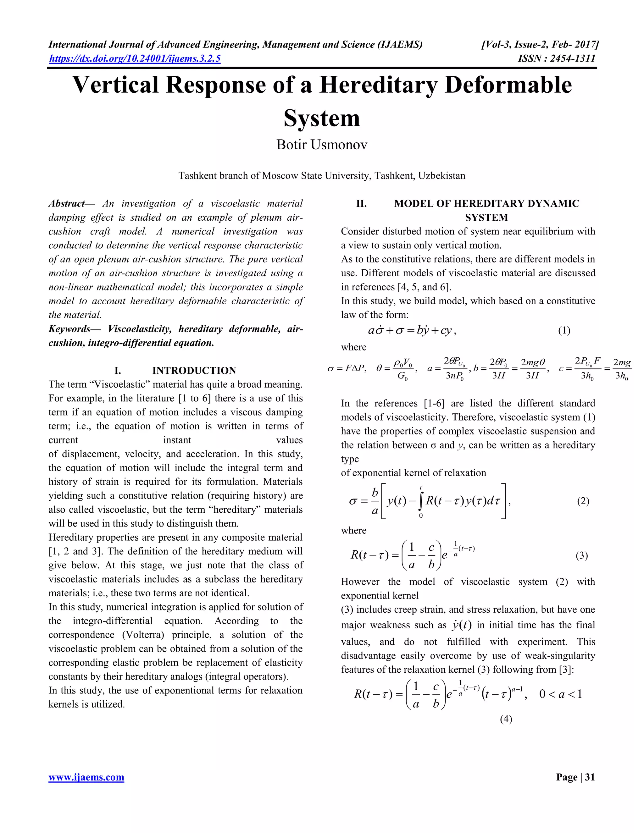 vertical response of a hereditary deformable system | PDF