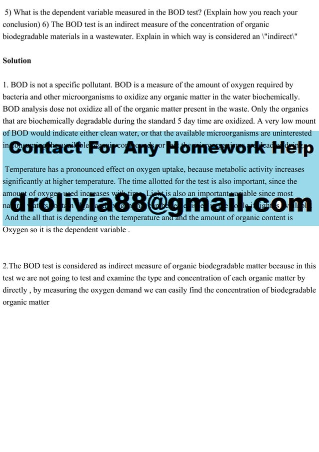 5) What is the dependent variable measured in the BOD test (Explain .pdf