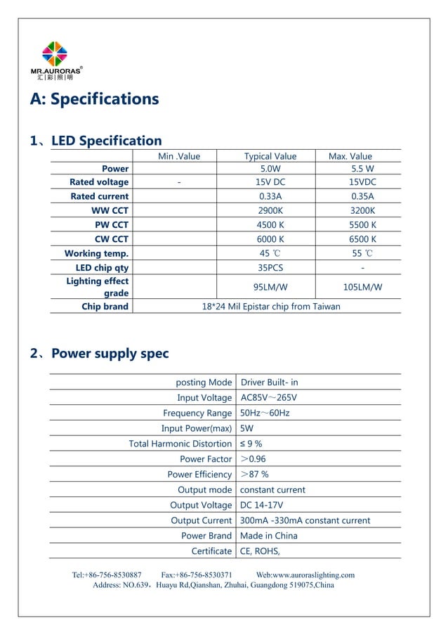 Auroras Lighting 5W LED spot light specification | PDF | Consumer ...