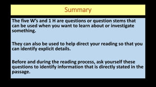5 w’s and 1 h reading practice | PPTX