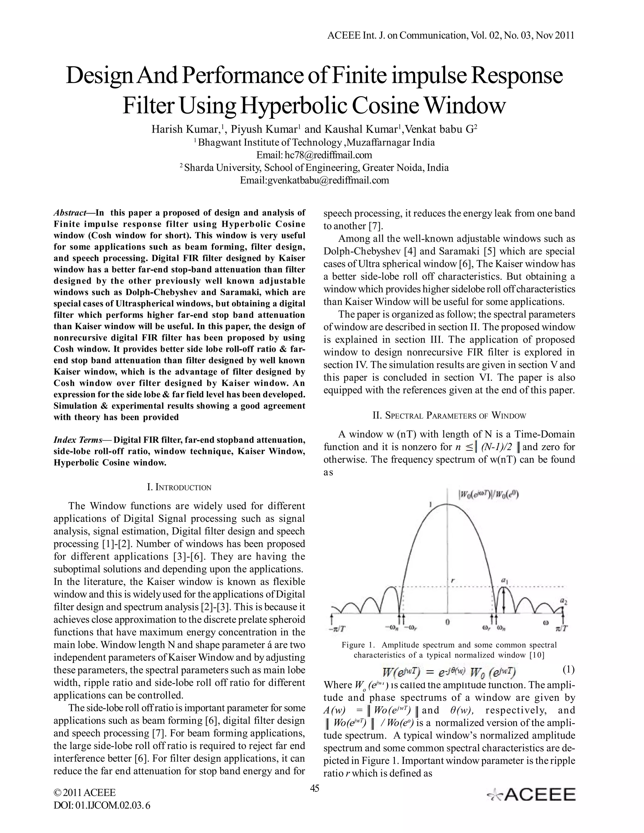 Design And Performance Of Finite Impulse Response Filter Using Hyperbolic Cosine Window Pdf