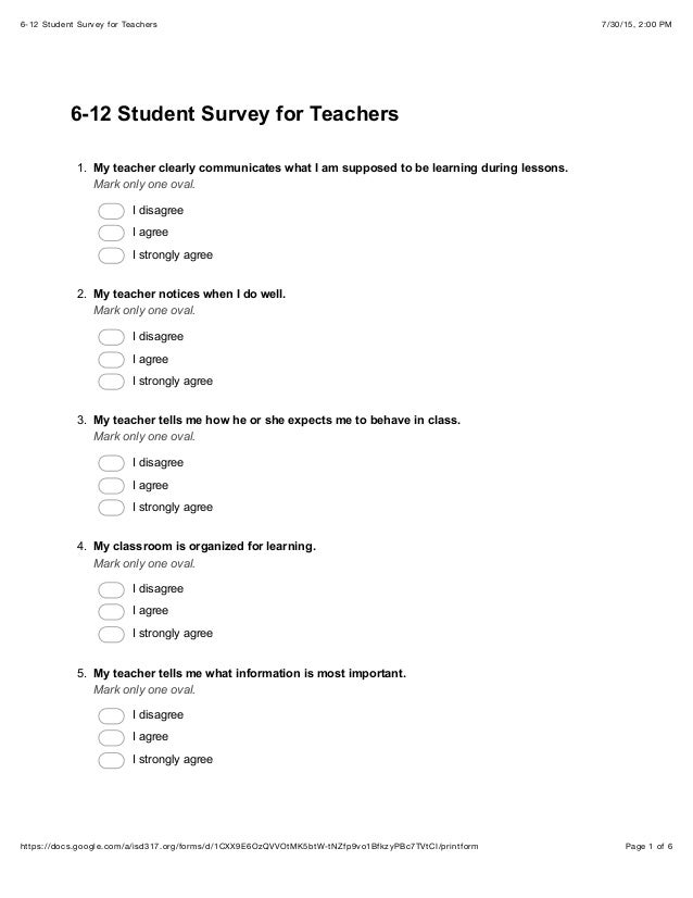 6-12 student survey for teachers