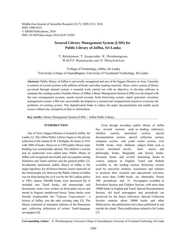 Secured Library Management System (LMS) for Public Library of Jaffna ...