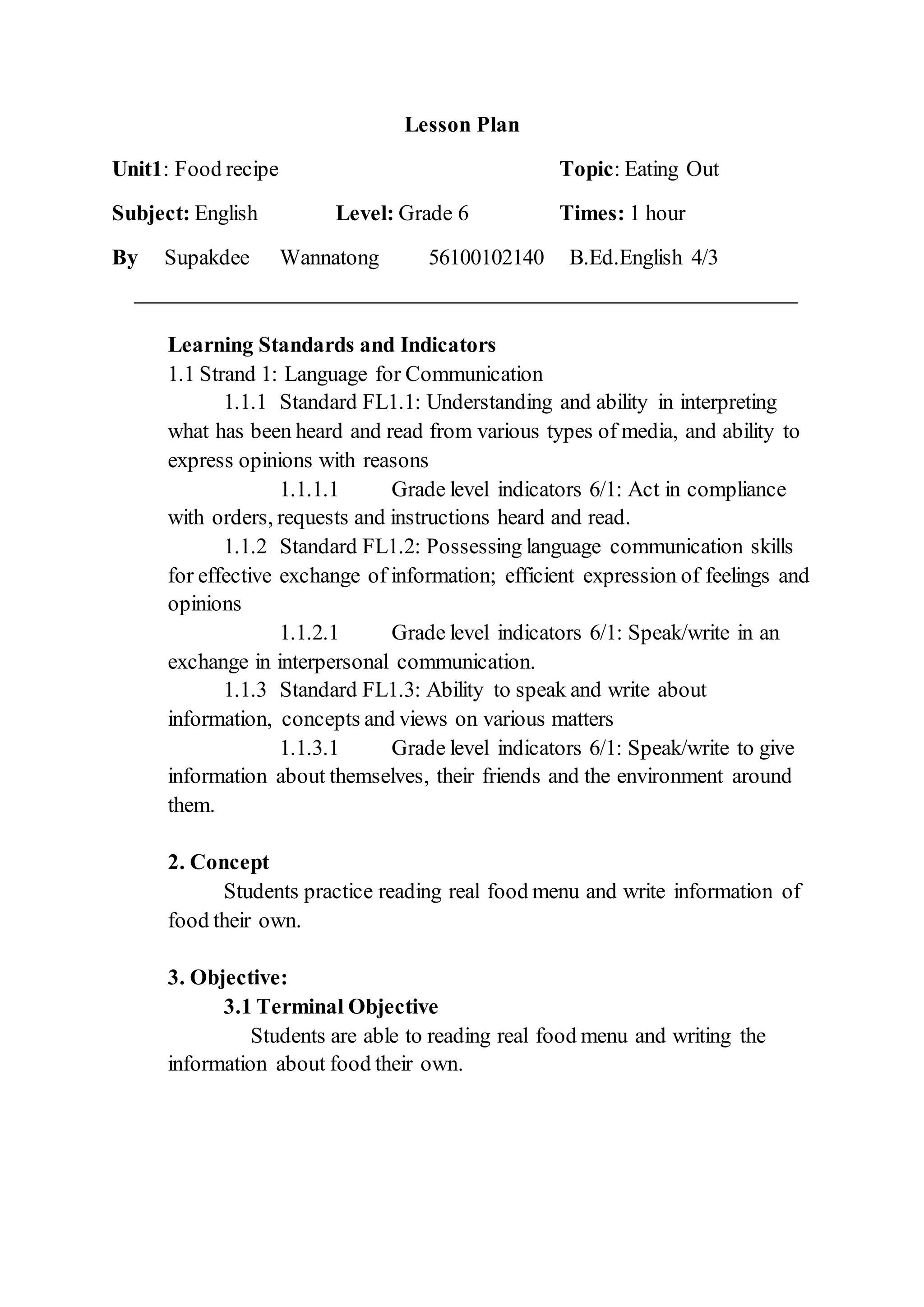 lesson plan grade 6 | DOCX