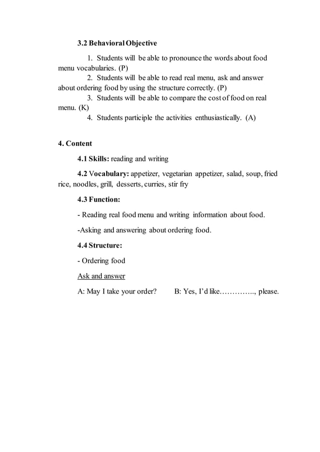 lesson plan grade 6 | DOCX | Food & Drink