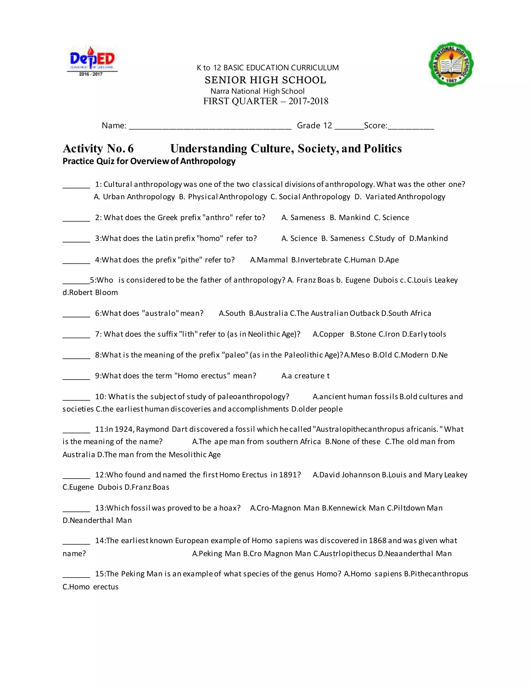 6 Understanding Culture, Society & Politics ACTIVITY SHEETS | DOCX