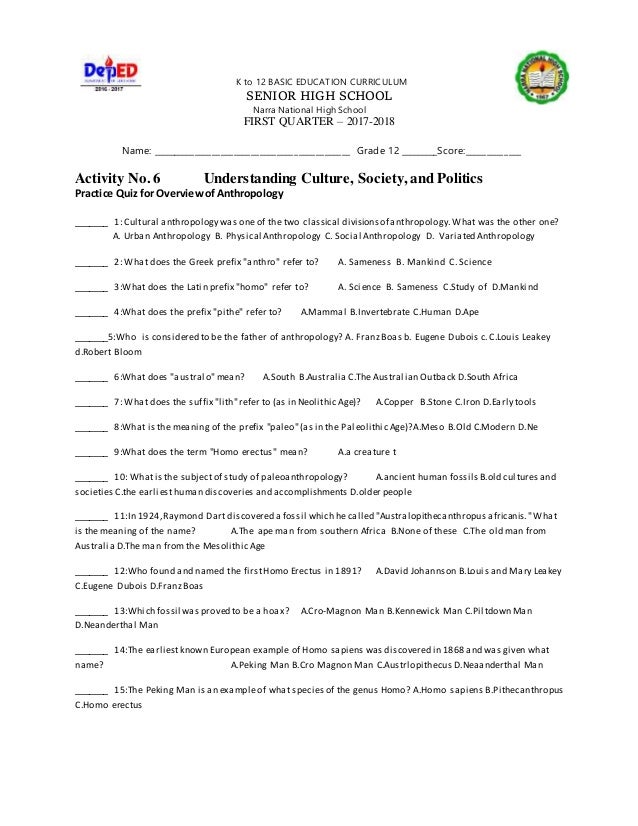 6 Understanding Culture, Society & Politics ACTIVITY SHEETS 6 Understanding Culture, Society & Politics ACTIVITY SHEETS