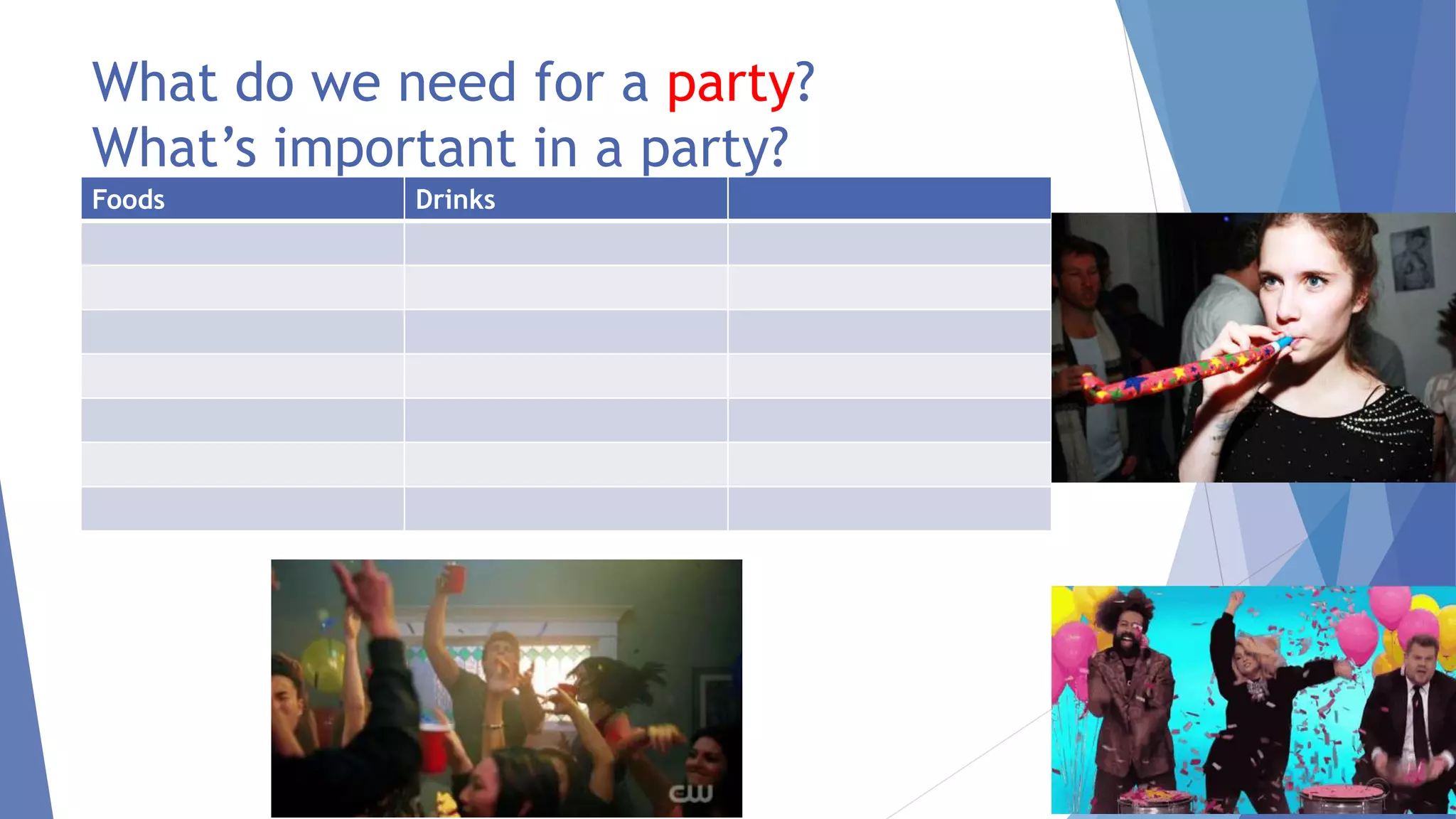 Party vocabulary + Prepositions of place | PPT