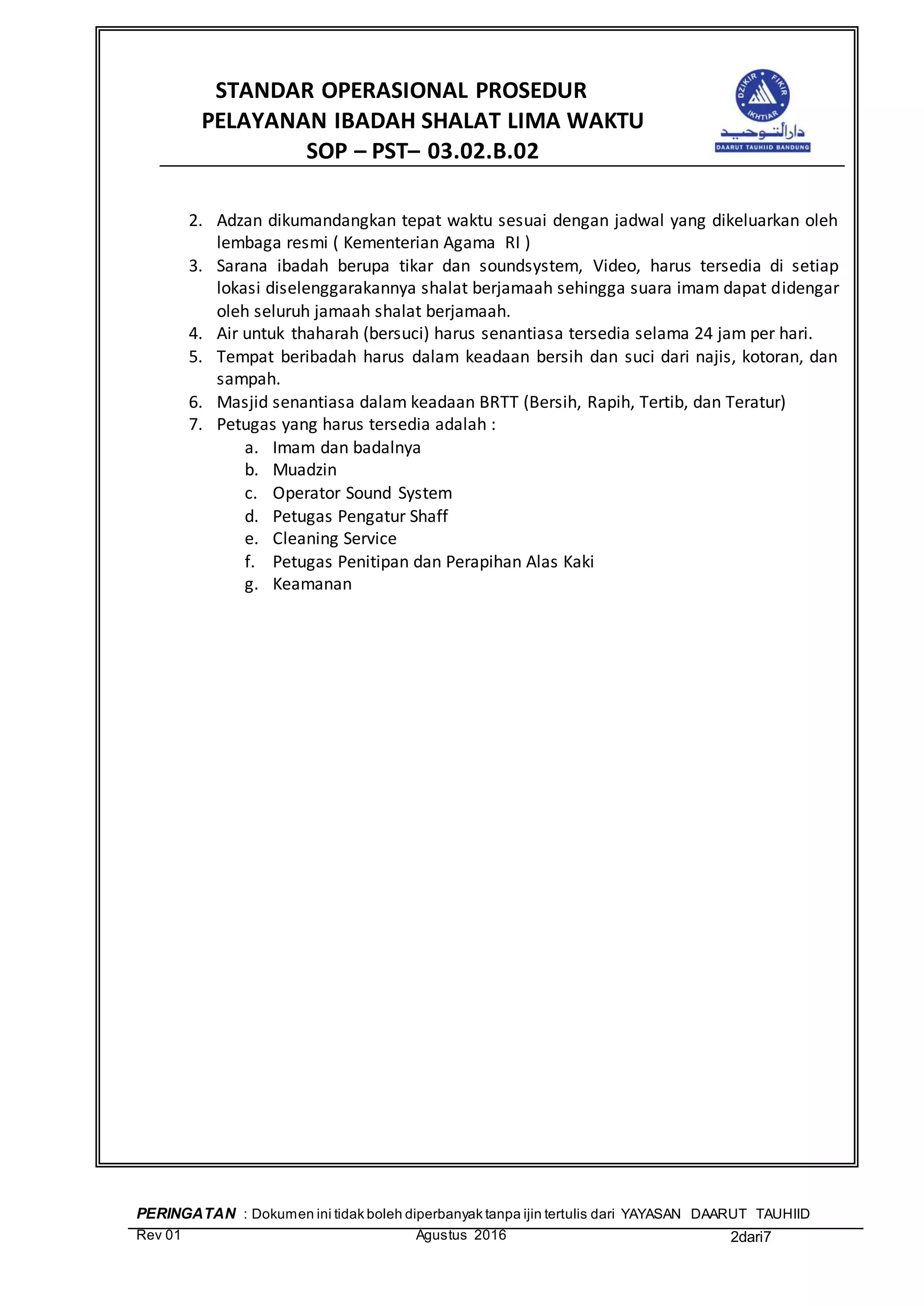 6. b.2. sop pelayanan shalat lima waktu r0 | PDF