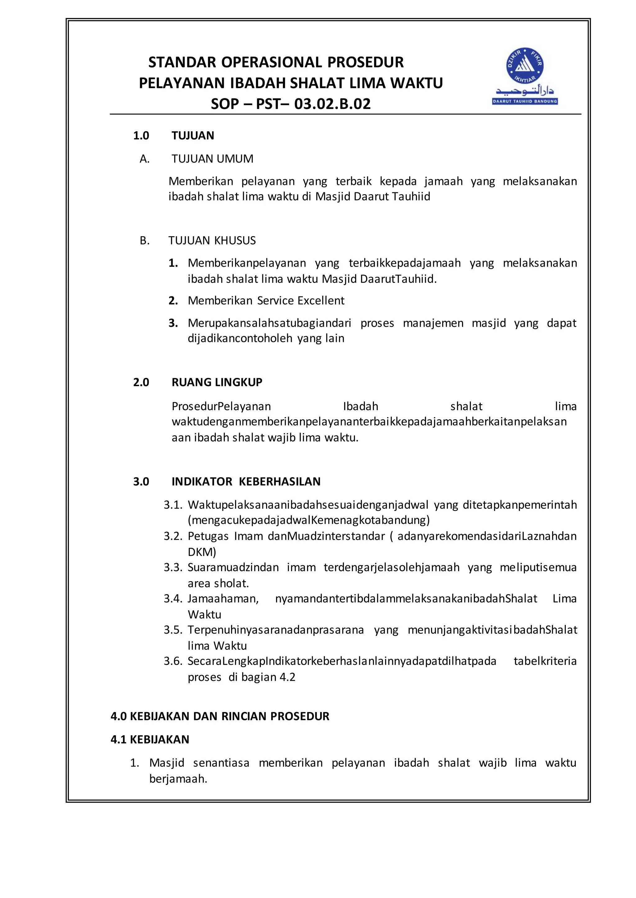 6. b.2. sop pelayanan shalat lima waktu r0 | PDF | Free Download