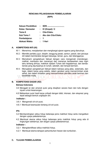 RPP K13 Kelas 4 Revisi Terbaru Semester 2 Tahun 2018 tema 6 | PDF