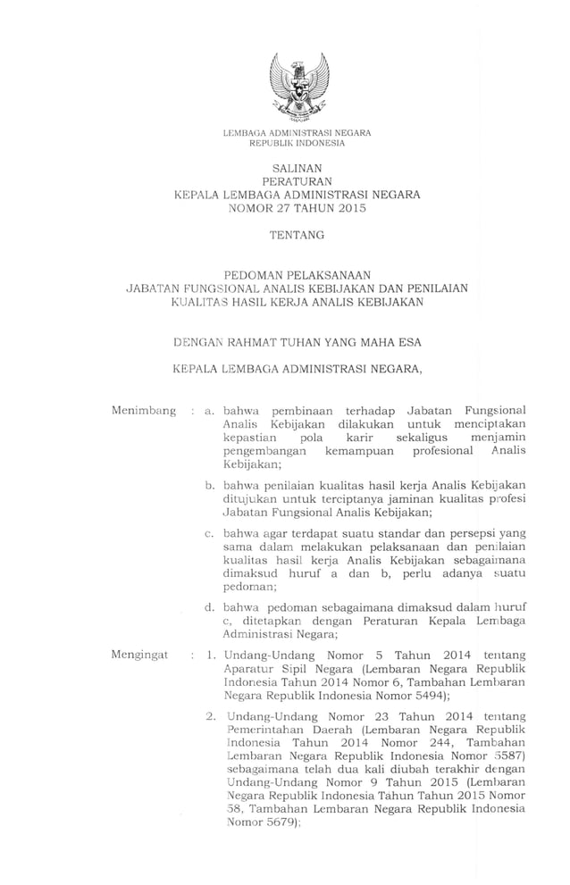 perka lan 27 tahun 2015 tentang pedoman pelaksanaan jabatan fungsional analis kebijakan dan ...