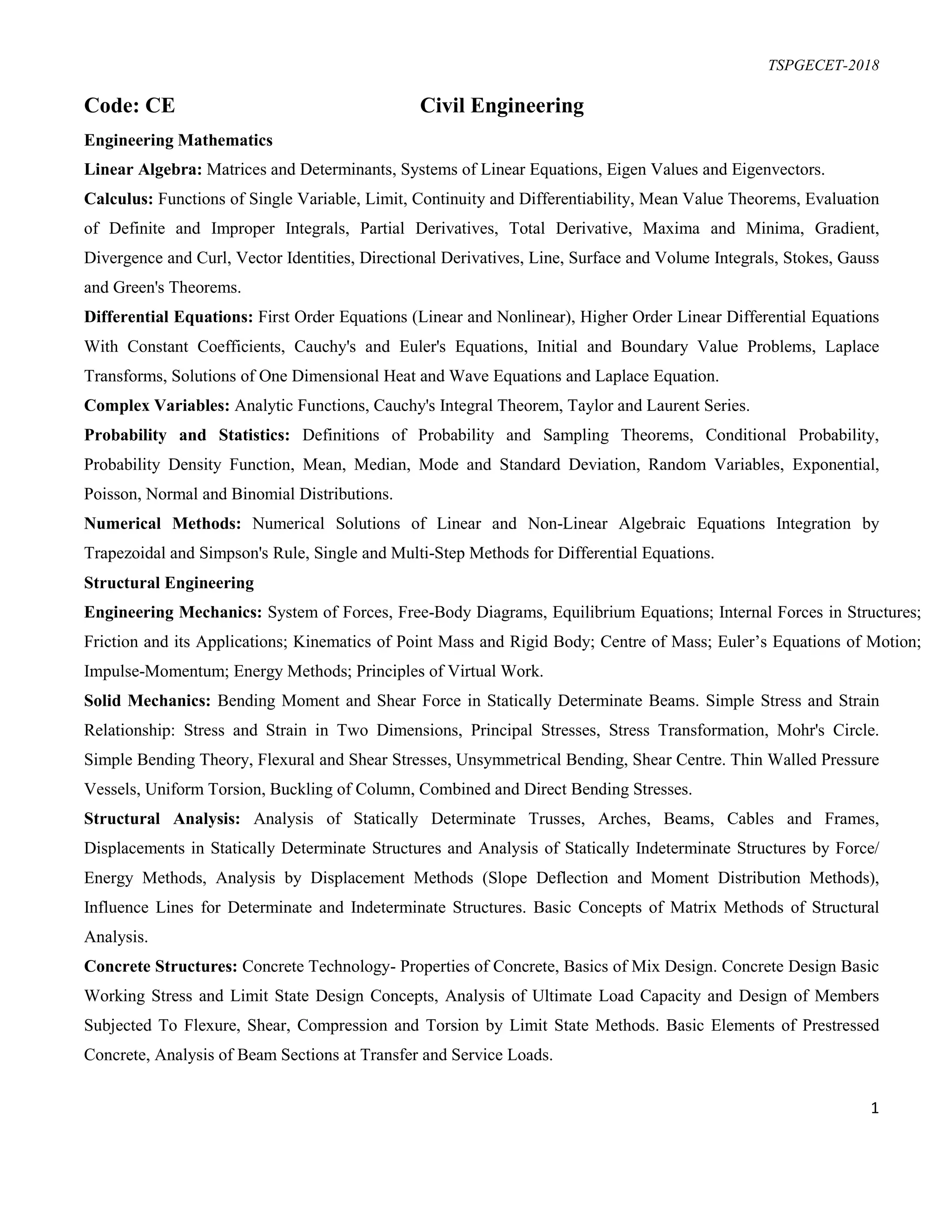 TS PGECET Civil 2018 Syllabus | PDF