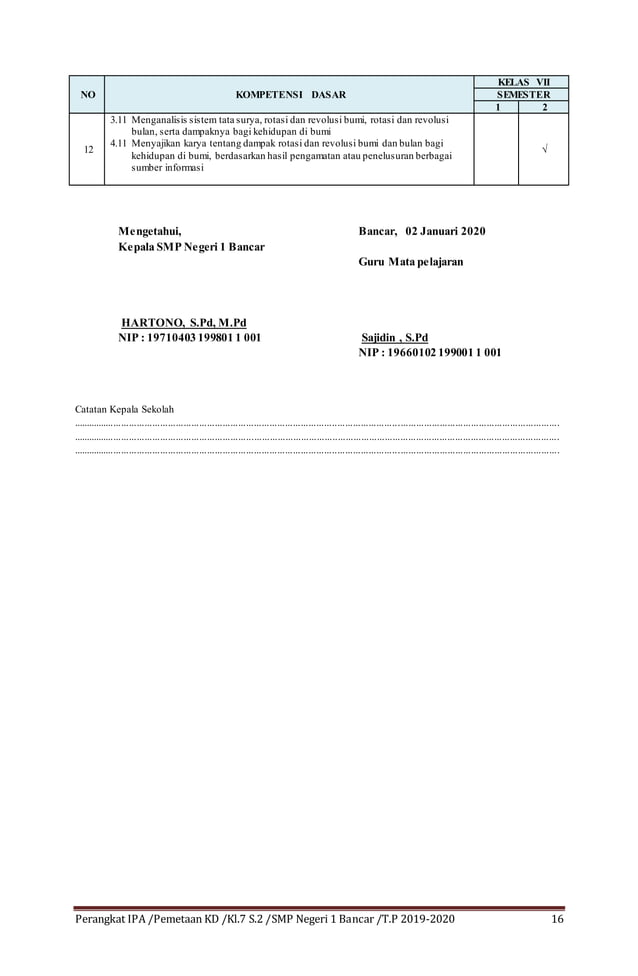 6. pemetaan kd ipa 7 s2 t.p 1920 | PDF