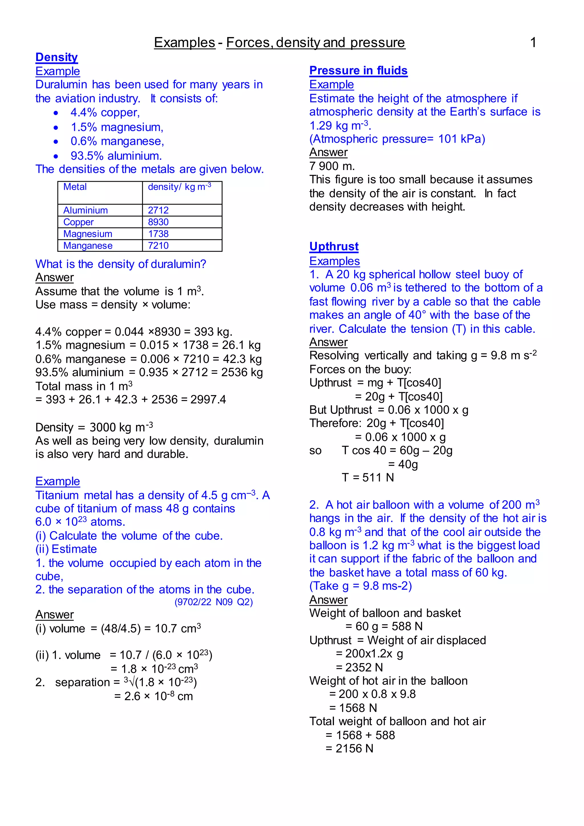 6. forces, density and pressure examples | PDF
